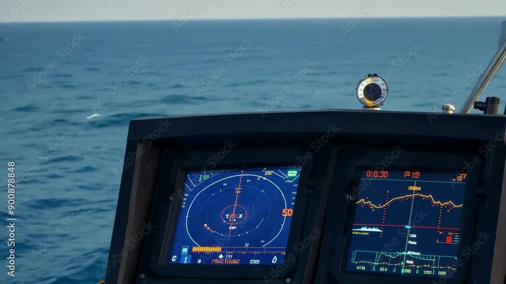 The navigational screen shows charts and signals while the boat gently ...