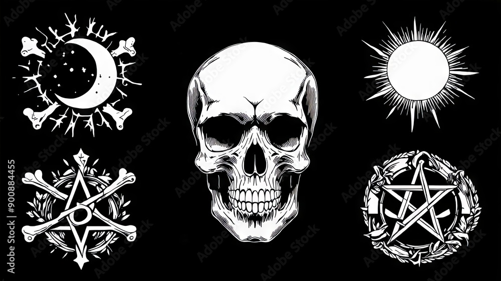 Skull Illustration with Occult Symbols including Moon, Sun, and ...
