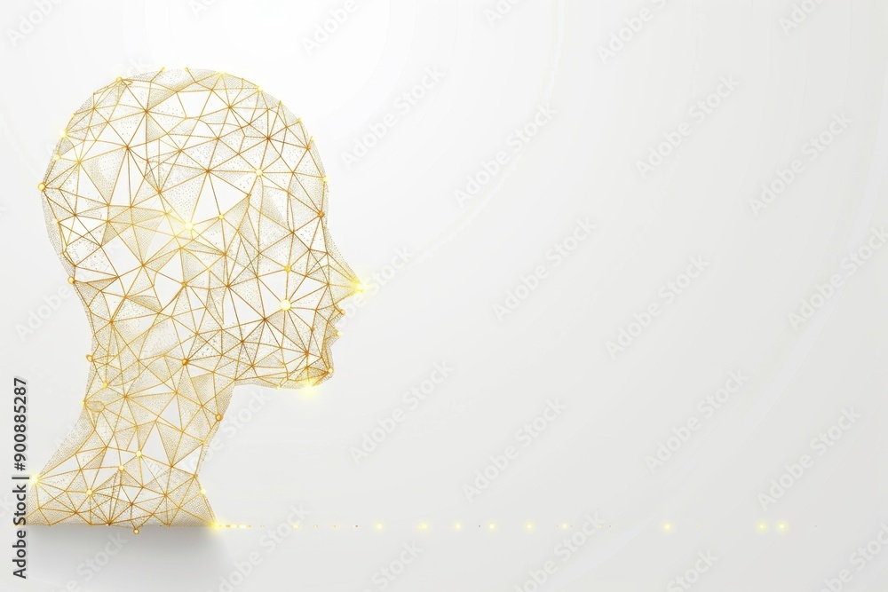 Technical line drawing of a head with glowing neural connections ...