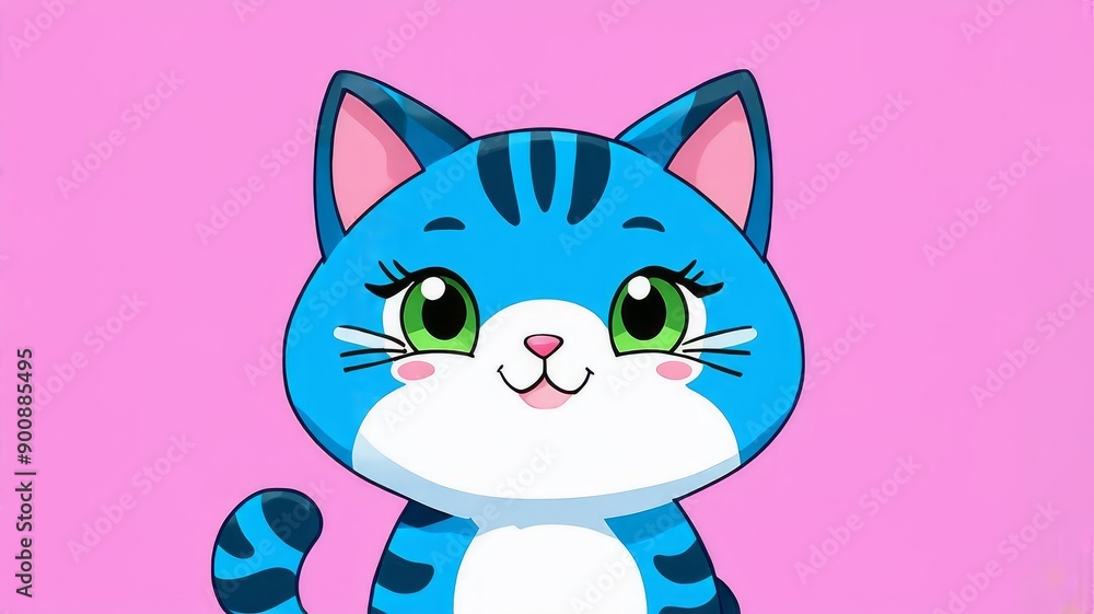 Adorable Blue Cartoon Cat Illustration on Pink Background, Cute Smiling ...