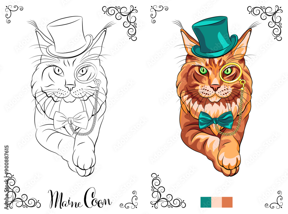 Vector coloring book page of a Maine Coon cat wearing a top hat and ...