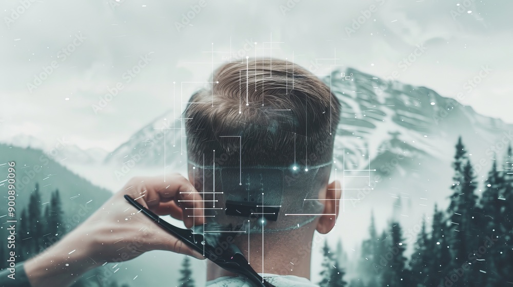 Double exposure of a barber cutting hair, merged with a nature ...