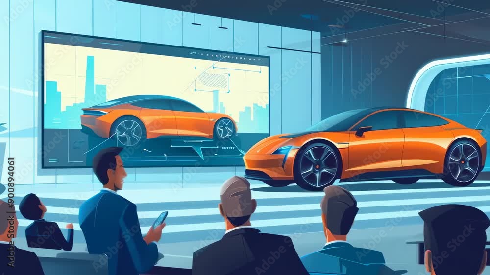 The scene shows businessmen in suits watching a car presentation in a ...