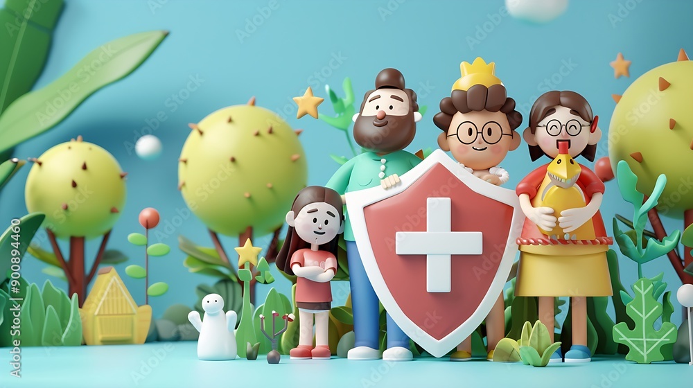 3D cartoon family with a shield and cross, symbolizing protection and ...