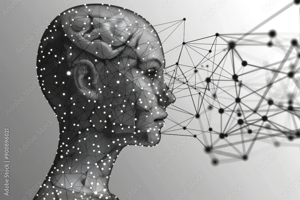Monochrome Profile Of A Woman With Connected Nodes Symbolizing Neural