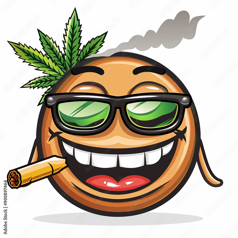 Cartoon Smiley Face with Cannabis Leaf and Cigarette Stock Illustration ...