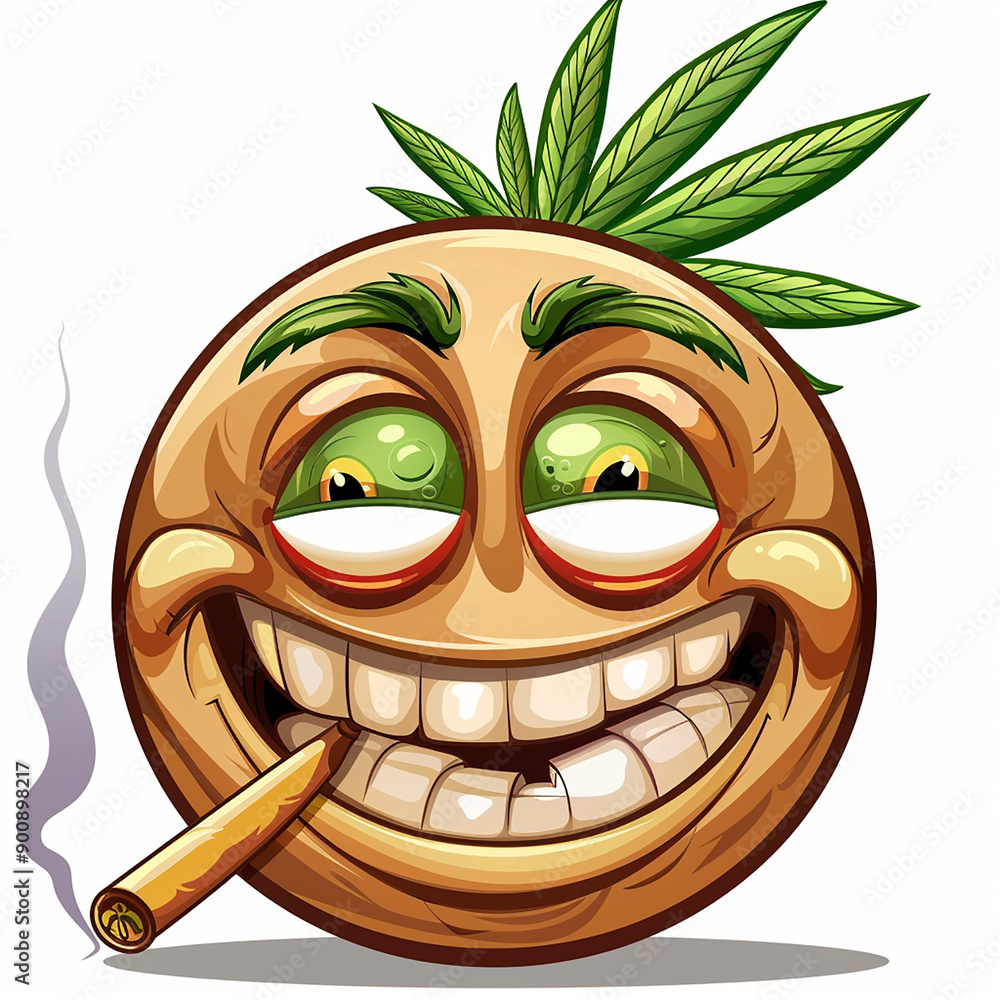 Cartoon Smiley Face with Cannabis Leaf and Cigarette Stock Illustration ...