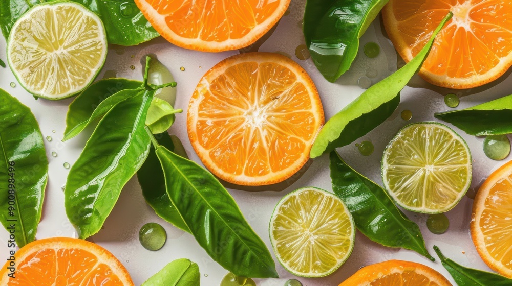 Refreshing calamansi halves floating with green leaves, isolated on a ...