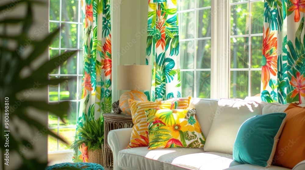 Bright, bold curtains with a tropical print, adding a lively and exotic ...