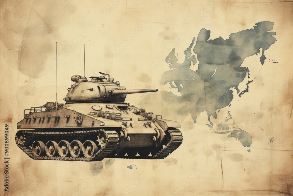 Armored military tank strategically positioned on a detailed world map ...