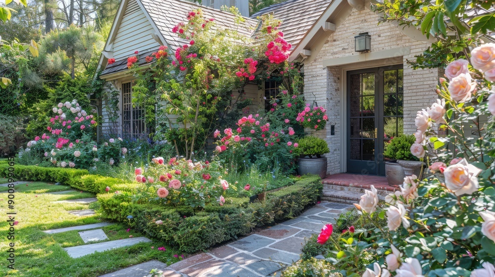 A beautiful array of blooming roses and lilies in a front garden ...