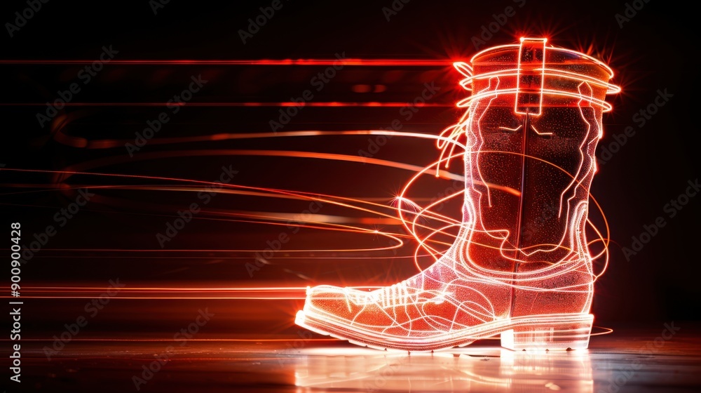 Red neon boot spurs depicted in mid-twirl, with the glow casting ...