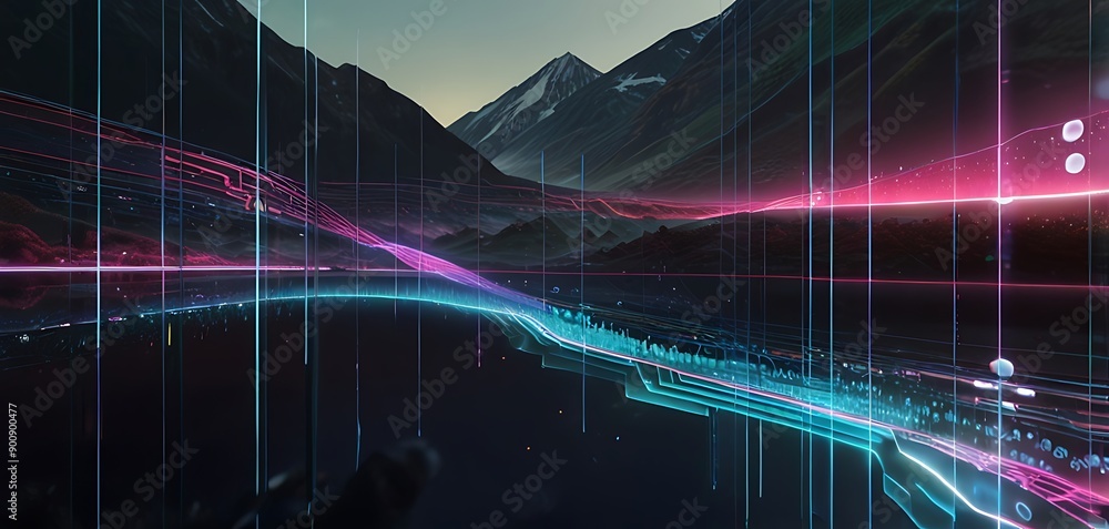 Future Data Stream A dynamic stream of holographic data flowing through a futuristic landscape ...