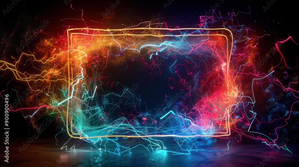 A glowing square frame made of vivid neon electric currents, with a ...