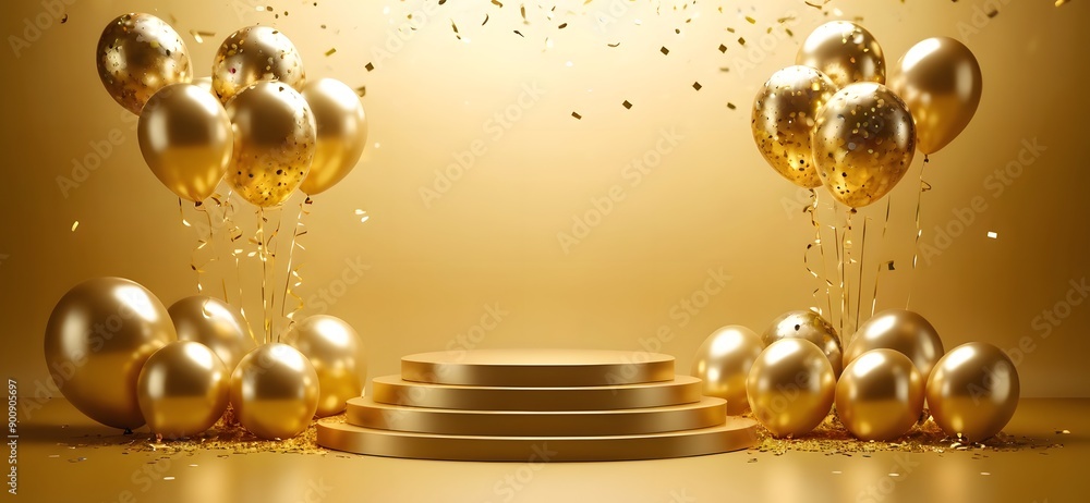 Podium birthday gold balloon and background, product golden stand ...