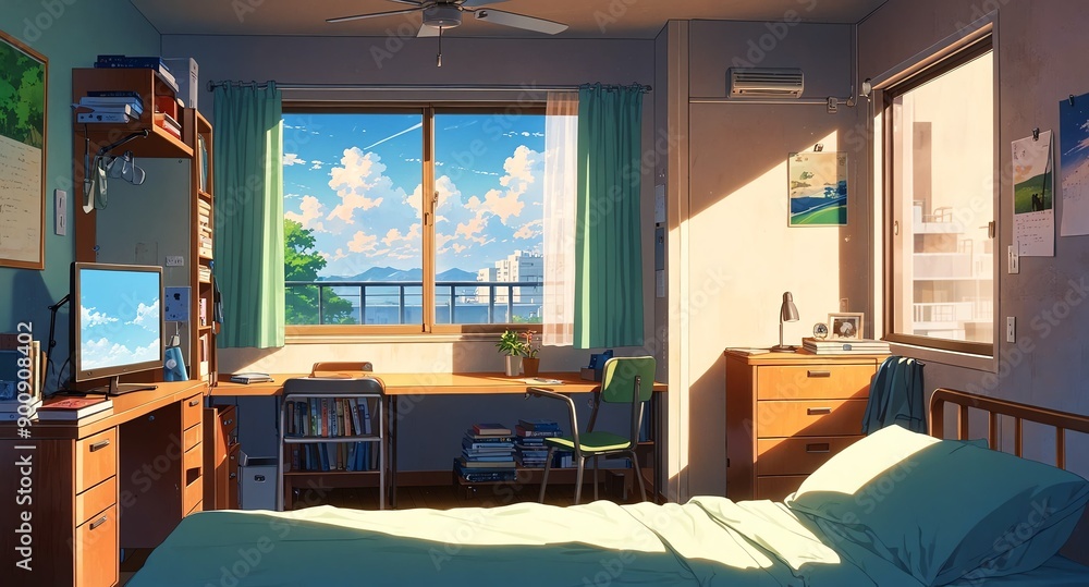 college dorm room with bed background anime cartoon illustration design ...