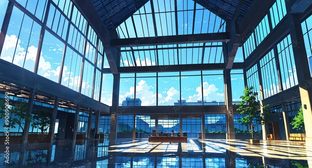 indoor atrium with skylight background anime cartoon illustration ...