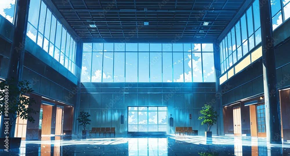 indoor atrium with skylight background anime cartoon illustration ...