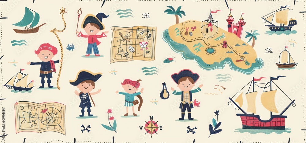 Cartoon illustration of children playing with a pirate theme Stock ...