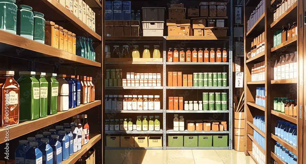 pantry with stocked shelves background anime cartoon illustration ...