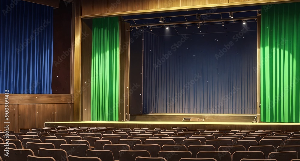 theater stage with green curtains background anime cartoon illustration ...