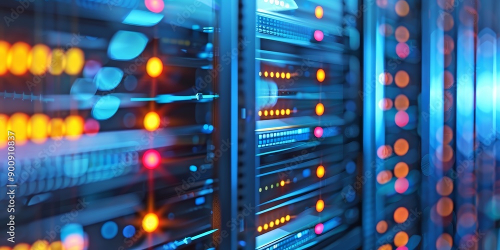 Close-up of a data center server rack with blinking lights, symbolizing ...