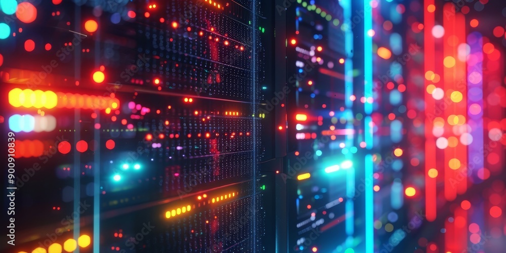 Close-up of a data center server rack with blinking lights, symbolizing ...