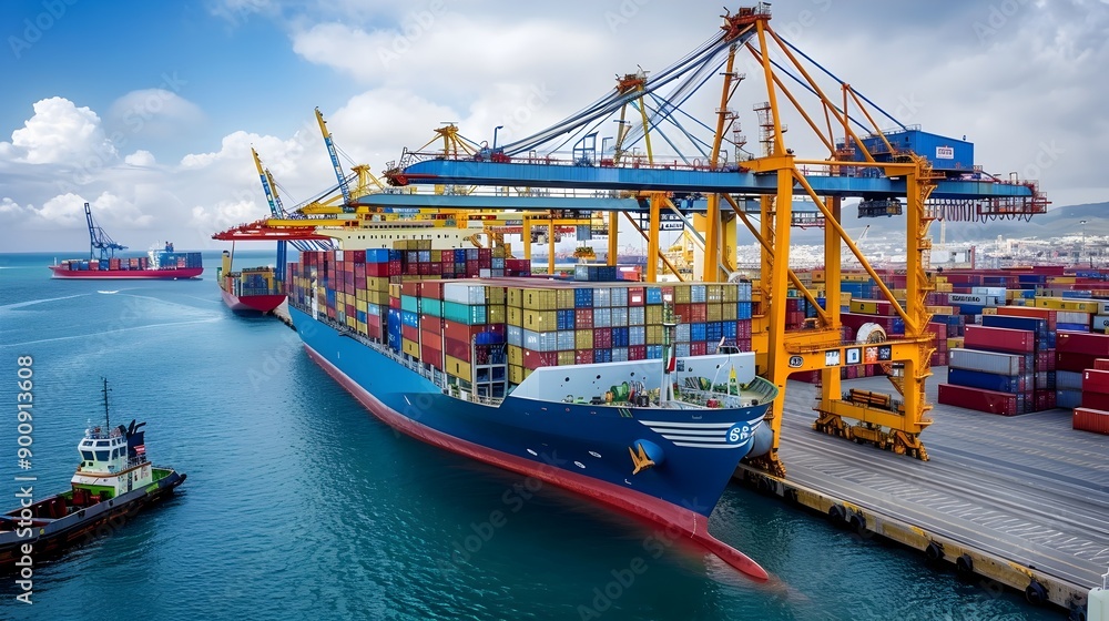 Massive Container Ship Docked at Bustling Port Unloading Cargo with ...