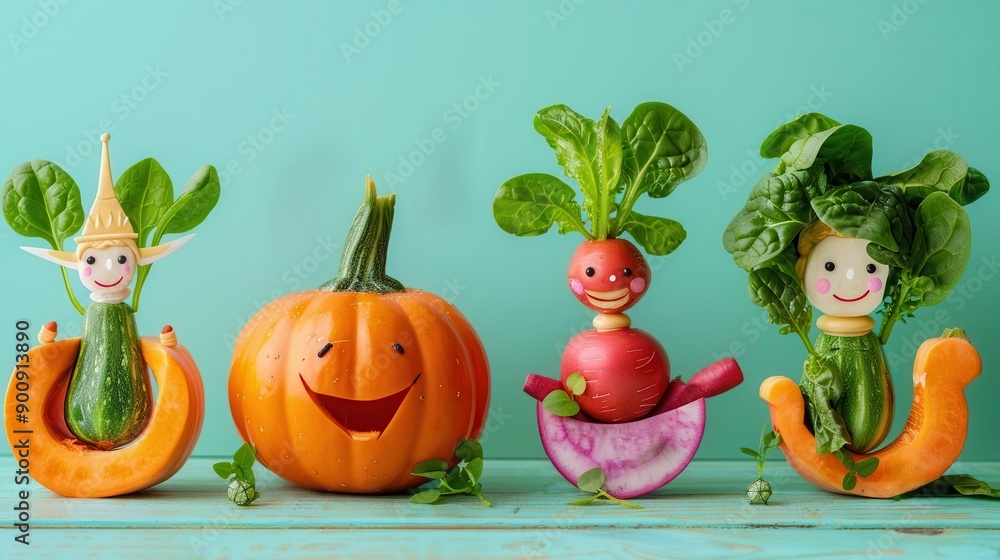 Vegetable characters resembling famous fairytale figures, such as a ...