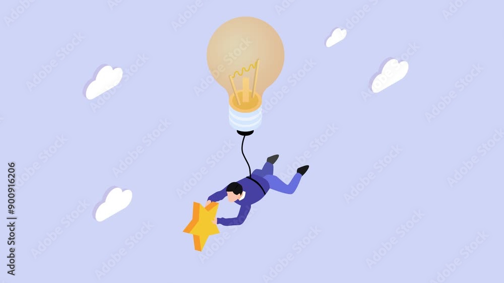 Businessman flying floating on light bulb idea to get a star in the sky ...