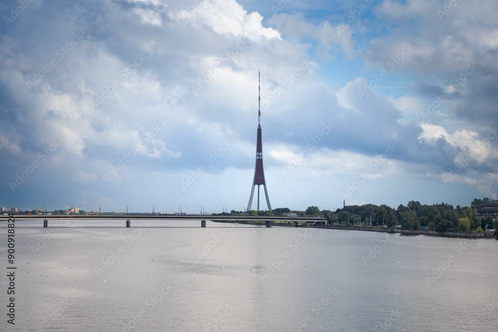 Panorama of the Daugava river seen from above with the riga radio and ...