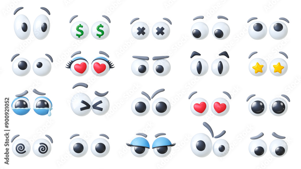 3d plastic googly eyes. Comic eye different emotions. Expression ...