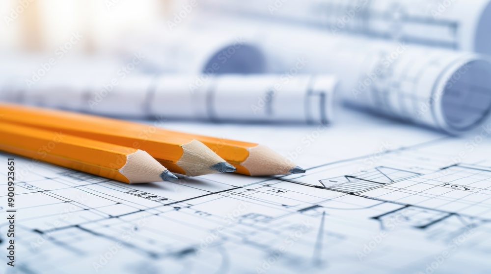 Architect's blueprint with tools, detailed design plans, and ...