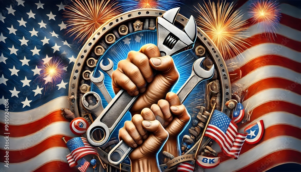 A powerful fist gripping a key adorned with labor day symbols: a gear ...