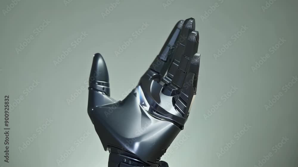 Close-up: Robotic hand rotates slowly against neutral backdrop ...