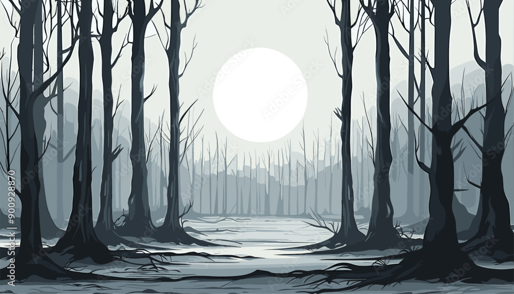 Mystical forest horizontal landscape. Terrifying view. Lot of dark bare ...