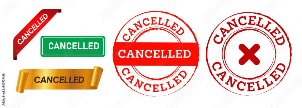 Cancelled cancel stamp red color collection tag sticker label mark icon ...