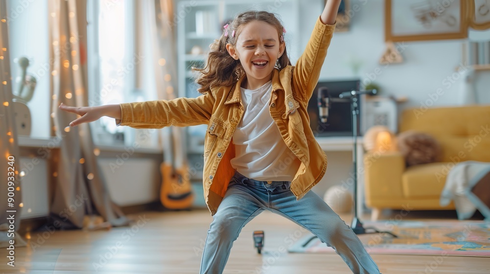 Kid influencer having fun dancing in home studio, recording video for ...