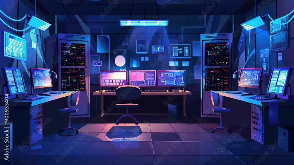 Data center with admin workplace. Vector cartoon illustration of dark ...