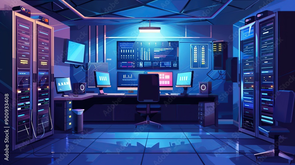 Data center with admin workplace. Vector cartoon illustration of dark ...