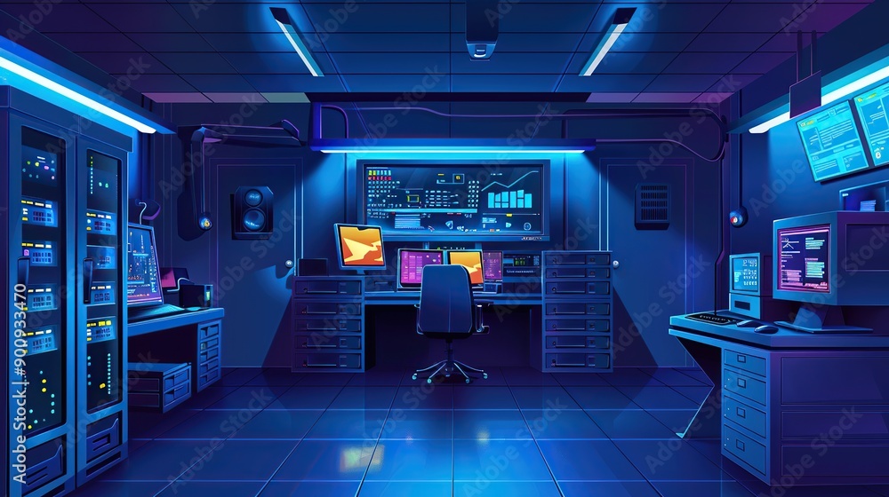 Data center with admin workplace. Vector cartoon illustration of dark ...