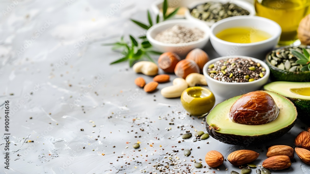 healthy fats such as avocado, nuts, seeds, and olive oil, with blank ...