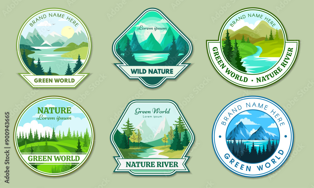 Nature logos. Labels with mountains green landscape concept for water ...