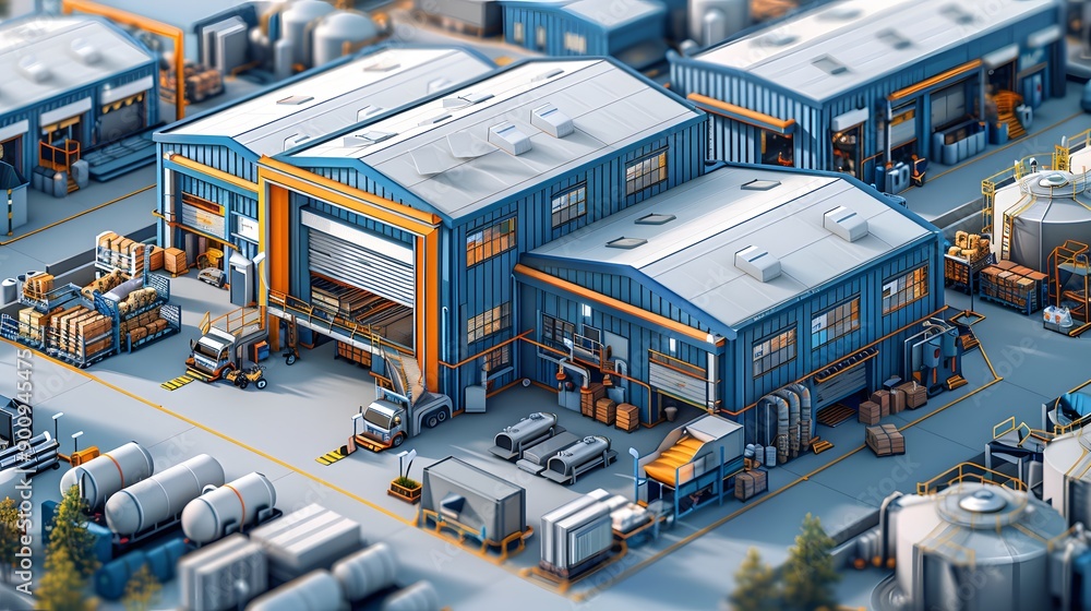 An isometric factory scene showcasing production facilities, loading ...
