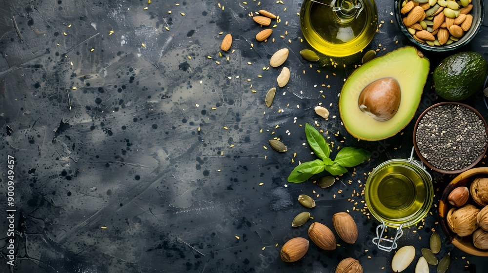 Selection of healthy fats foods like avocado, nuts, seeds, and olive ...