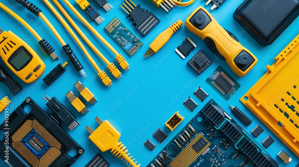 Flat lay featuring a variety of telecommunications components like RJ45 ...