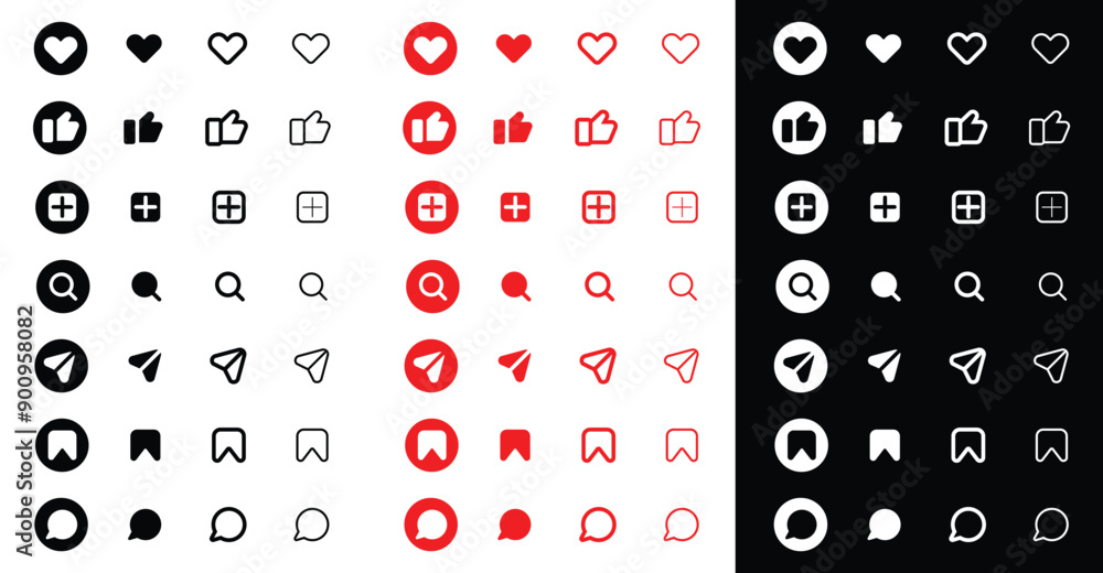 Modern Black, White, and Red Icon Set for Social Media and User ...