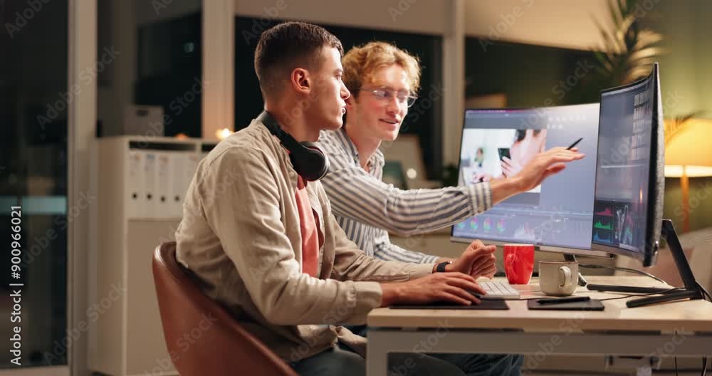 Graphic designer, teamwork and people on computer screen with ideas for ...