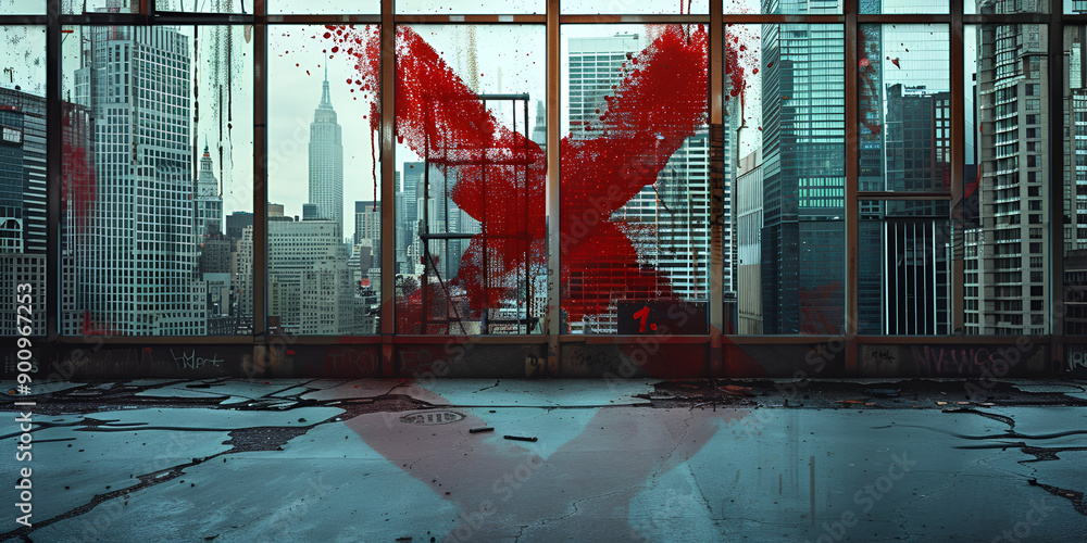 Red X-Shaped Paint Splatter on High-Rise Window Overlooking Cityscape ...