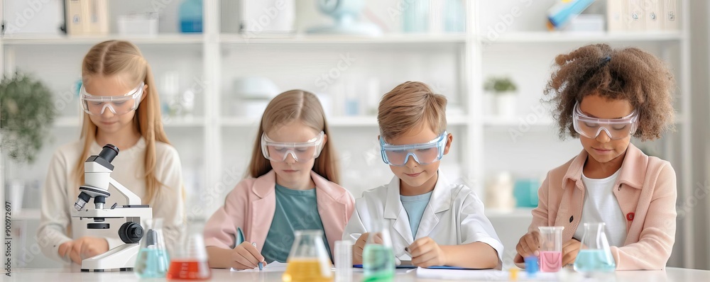 Science lab with students conducting experiments, microscopes, test ...